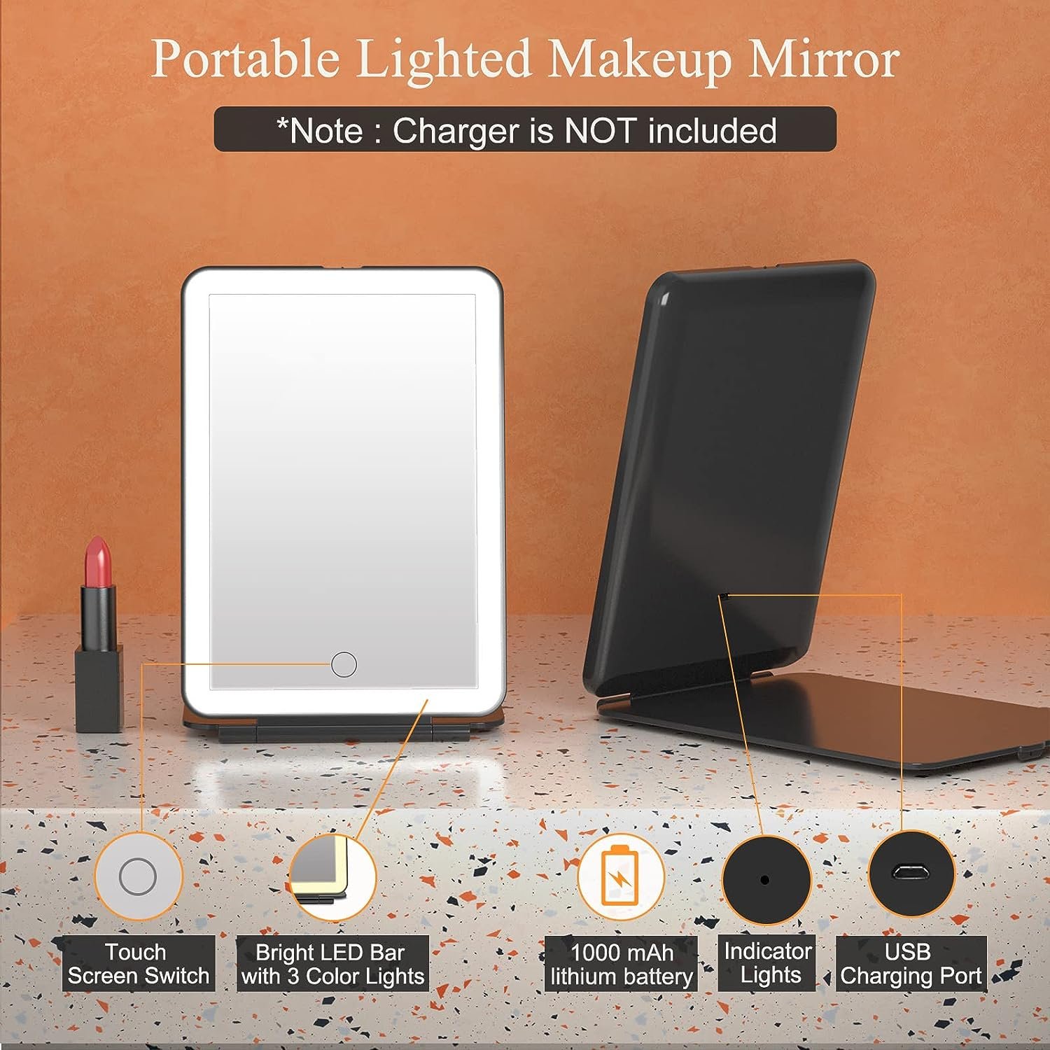 LED Light Rechargeable Travel Makeup Mirror with Touch Screen